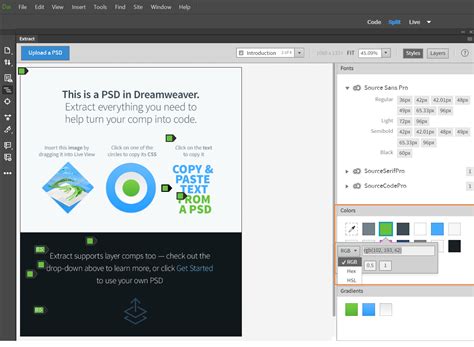 how to extract assets from psd files into dreamweaver web pages