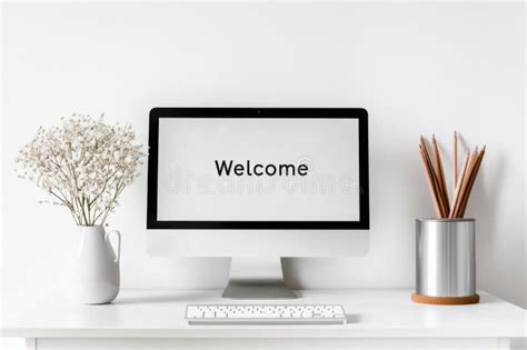 Clean Minimalist Desk Setup With Computer Monitor Displaying Welcome