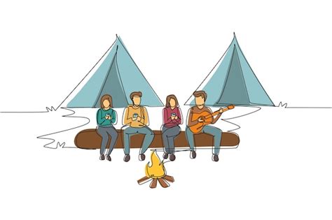 Premium Vector Single One Line Drawing Two Couple Hikers Sitting On
