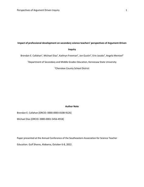Pdf Perspectives Of Argument Driven Inquiry 1 Impact Of Professional Development On Secondary