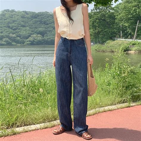 요즘에 당일발송[깜짝할인 S~2xl 기장선택] 여름 하이웨스트 세미 와이드핏 난스판 생지 데님 팬츠 청바지 샌즈썸머와이드데님 위시버킷