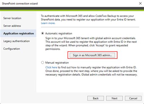 creating data backup server connections connecting to sharepoint