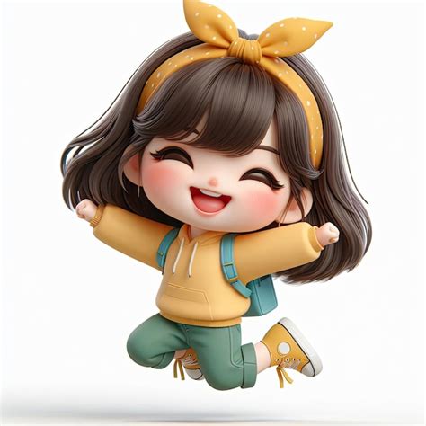 Premium Photo Cute Kawaii Asian Looking Girl Bouncing Happily 3d