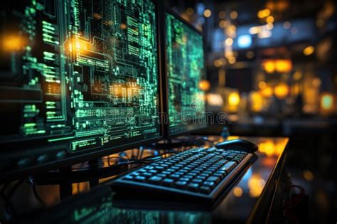 Keyboard And Screens Dark Room With Chips And Data Corporate Big Data Servers Stock