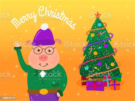 재미 있은 귀여운 만화의 돼지 인사말 카드 기쁜 성 탄과 새 해 2019 돼지의 해입니다 일러스트 레이 션 개념 12월에 대한 스톡 벡터 아트 및 기타 이미지 Istock