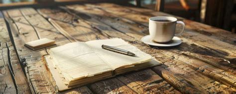Open Notebook With Pen On Rustic Wooden Table Next To A Cup Of Coffee