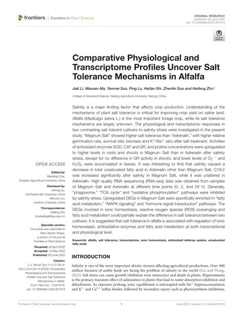 Pdf Comparative Physiological And Transcriptome Profiles Uncover Salt