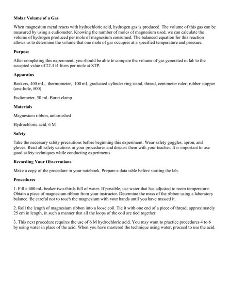 Molar Volume Of Gas Magnesium And Hydrochloric Acid Experiment