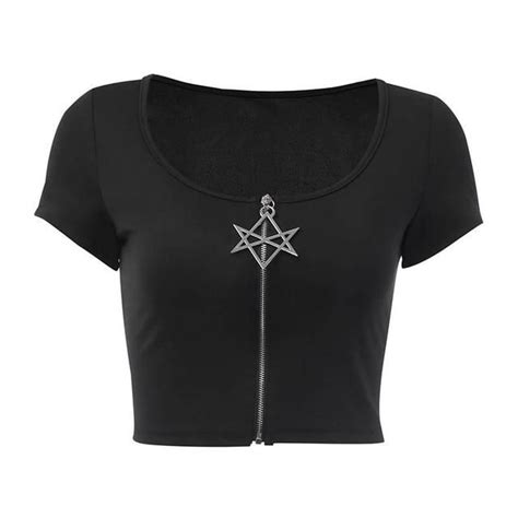 Black Crop Top With Pentagram Zipper Black M Cheap Short Sleeve