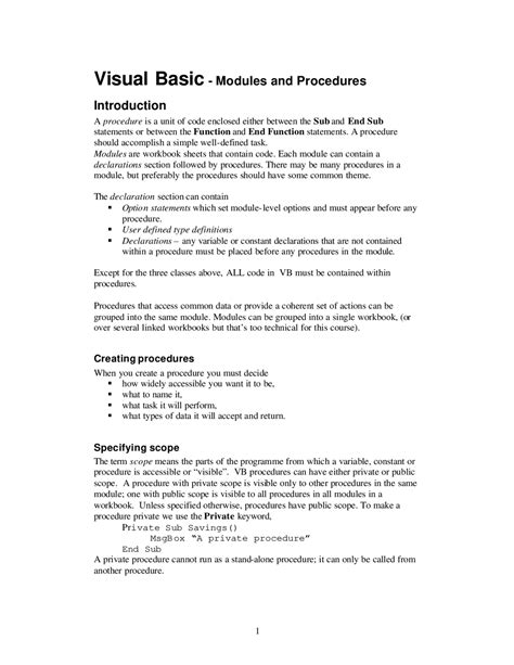 Visual Basic Modules And Procedures Introduction Lecture Notes Web