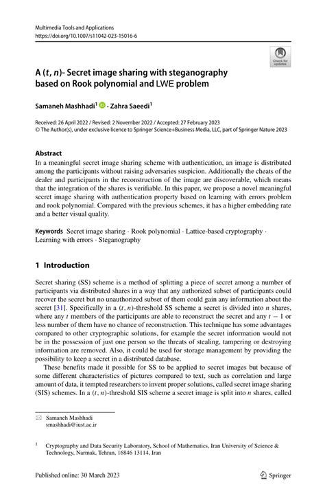 Pdf A Tn Secret Image Sharing With Steganography Based On Rook Polynomial And Lwe Problem