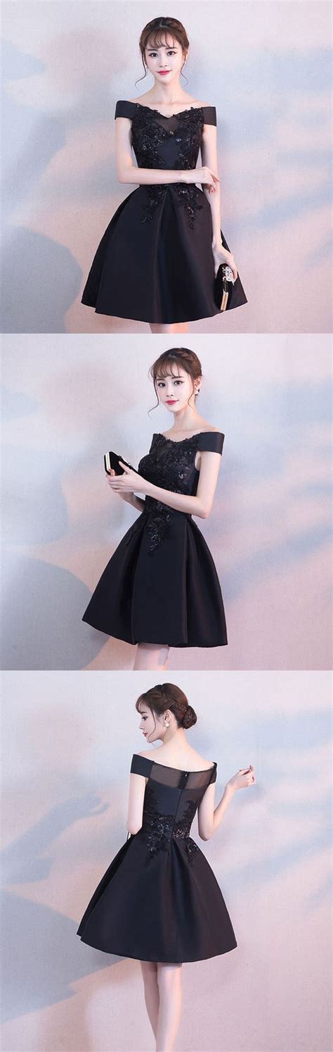 Cute Black A Line Off Shoulder Short Prom Dress Homecoming Dress From