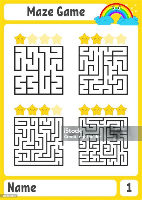 정사각형 미로 아이들을위한 게임 아이들을위한 퍼즐 미로 수수께끼 색상 벡터 그림입니다 올바른 경로를 찾습니다 논리적 공간적 사고의 발전 0명에 대한 스톡 벡터 아트 및 기타