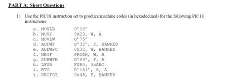 Solved Part A Short Questions 1 Use The Pic18 Instruction