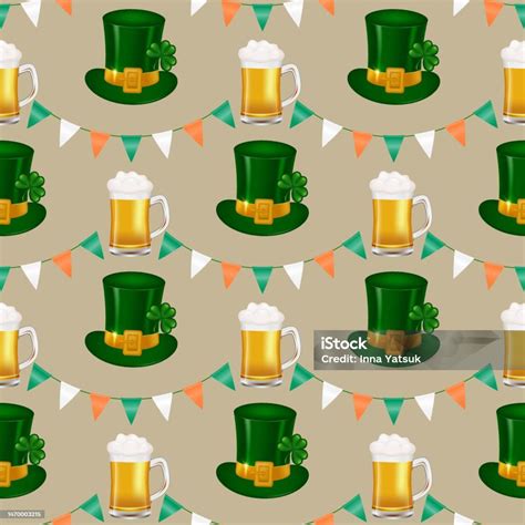 아일랜드 국기에서 영감을 받은 삼각형 화환 녹색 레프러콘 모자 맥주 한 잔이 특징인 이 매끄러운 패턴으로 성 패트릭의 날을 축하하세요 벽 직물 및 선물 포장 장식용 3월에