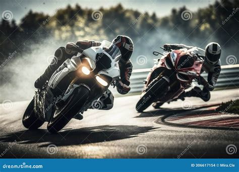 High Speed Cornering Motorcycle Racers Tilt In Tandem On The Track