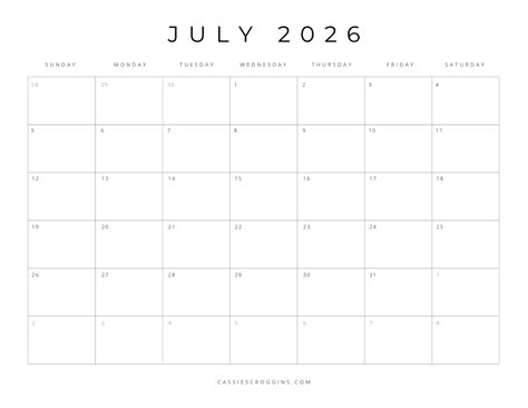 Blank July 2026 Calendar Printable Calendar 2025 Printable