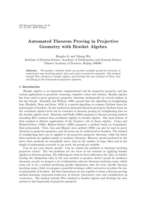 Pdf Automated Theorem Proving In Projective Geometry With Bracket Algebra