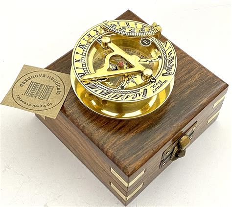 Brass Sundial Compass With Wooden Box Handmade Pocket Sundial Sun