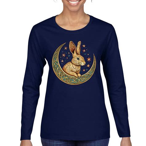 Celtic Moon Rabbit Womens Long Sleeve T Shirt Mystical Bunny Spiritual