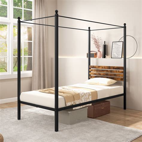 Queen Size Canopy Bed Frame With Under Bed Storage Costway