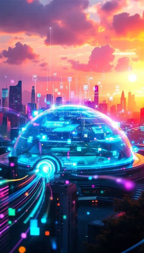 Futuristic Cityscape With Glowing Dome And Data Streams At Sunse Stock Illustration