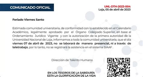 Comunicado Feriado Viernes Santo Universidad Nacional De Loja