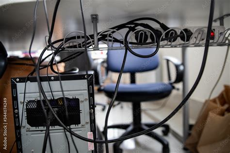 Wires Connected To A Personal Computer The Problem Of Loose Wires In The Workplace Stock Photo