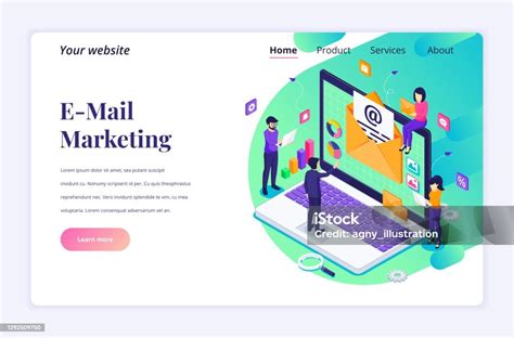 이메일 마케팅의 Isometric 방문 페이지 디자인 개념 사람들이 가진 메일링 서비스는 거대한 노트북 근처에서 작동합니다 벡터 일러스트레이션 개념에 대한 스톡 벡터 아트