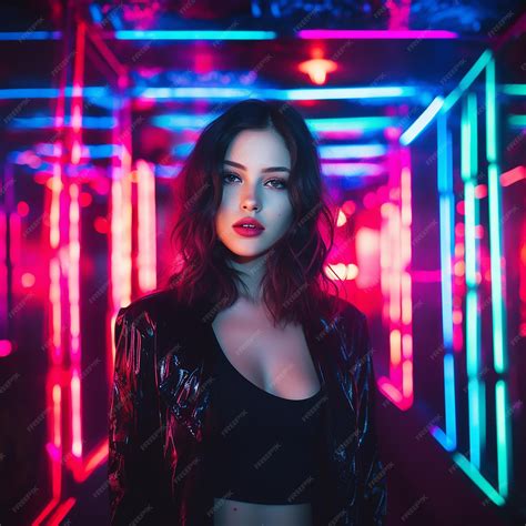 Premium Photo Portrait Of A Pretty Young Woman In Neon Lights With Dark