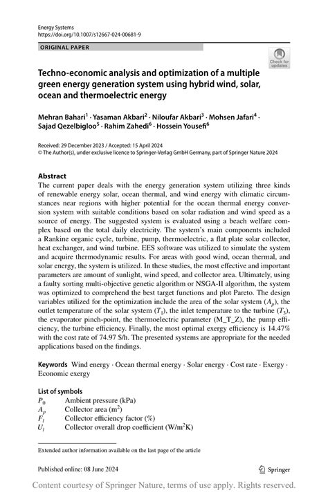 Techno Economic Analysis And Optimization Of A Multiple Green Energy Generation System Using