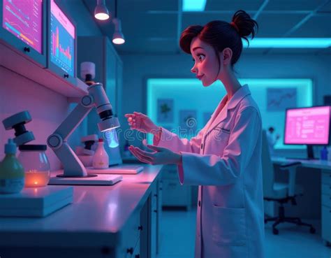 Cartoon Scientist Woman Working With Robotic Arm In Modern Lab Stock