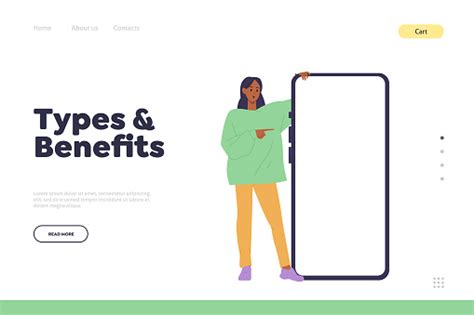 유형 및 이점 아이디어 랜딩 페이지 디자인 템플릿 광고 전화 가젯 및 모바일 제품 가리키기에 대한 스톡 벡터 아트 및 기타 이미지 Istock