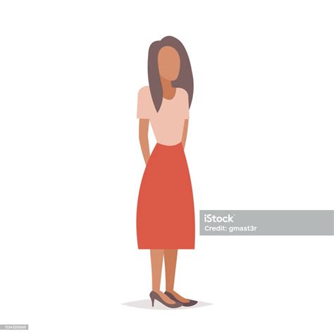 갈색 머리 실업 여성 상사 또는 비서 사무실 작업자 우아한 비즈니스 여자 서 포즈 전체 길이 만화 캐릭터 플랫 절연 갈색 머리에 대한 스톡 벡터 아트 및 기타 이미지