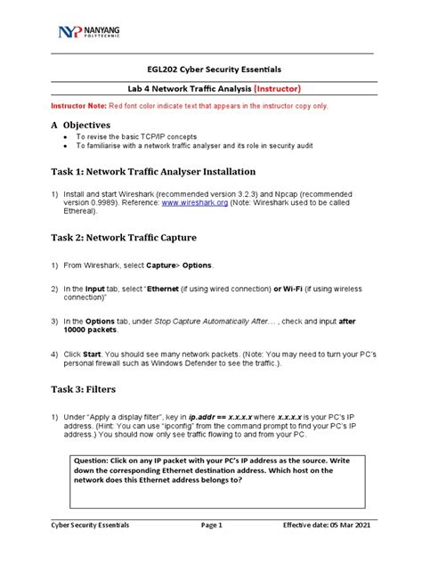 Egl202 Lab 4 Network Traffic Analysis Instructor Revisedv2 Pdf Transmission