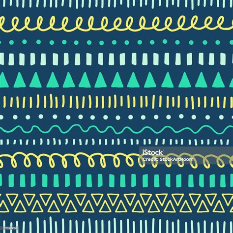 부족 낙서 원활한 벡터 패턴 민족 스타일 배경 흰색 파란색 노란색 청록색입니다 손으로 그린 낙서 스트로크 선 삼각형 반복 배경 직물 웹 배너 키즈 데코용 0명에 대한 스톡