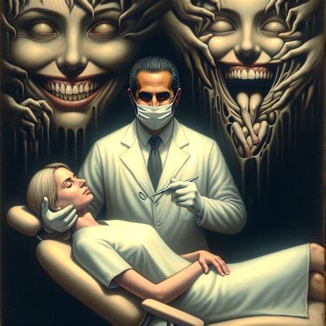 Surrealist Dentist Scene Mysterious Male Dentist And Sedated Patient