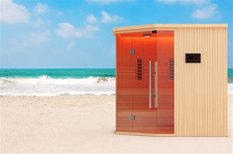 바다 또는 바다 모래 해변에 고전적인 나무 Frarered 핀란드어 사우나 오두막 3d 렌더링 0명에 대한 스톡 사진 및 기타 이미지 Istock