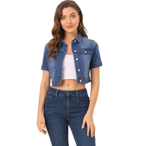 Inspire Chic Womens Casual Short Sleeves Crop Denim Jacket Blue Large