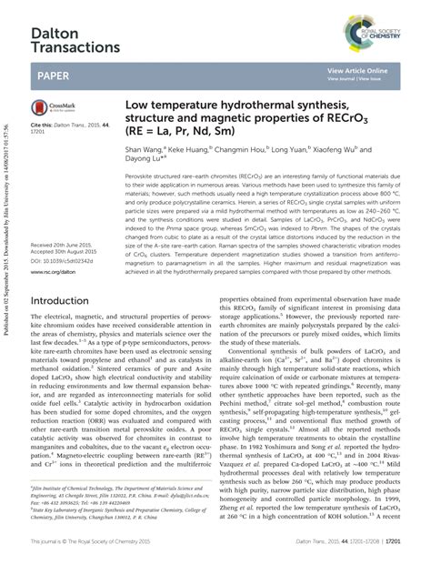 Pdf Low Temperature Hydrothermal Synthesis Structure And Magnetic Properties Of Recro3 Re