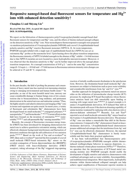Pdf Responsive Nanogel Based Dual Fluorescent Sensors For Temperature And Hg2 Ions With