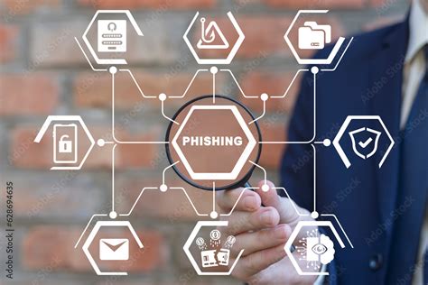 Man Using Magnifier And Virtual Touch Screen Sees Word Phishing Phishing Data Hacking Thief