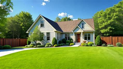 Beautiful Suburban House With Landscaped Lawn Trees And Blue Sky On A