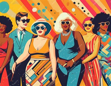 1960s Retro Fashion Diverse Models Bold Colors And Cool People In Pop Art Style Premium Ai