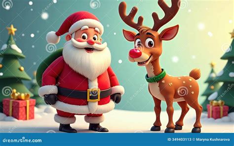 Cartoon Santa Claus Stands Next To Rudolf Reindeer Santa Wears Red
