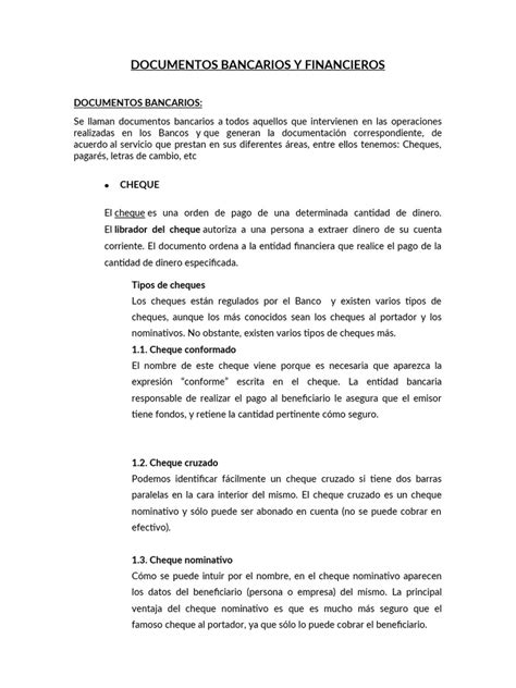 Documentos Bancarios Y Financieros Pdf Cheque Bancos