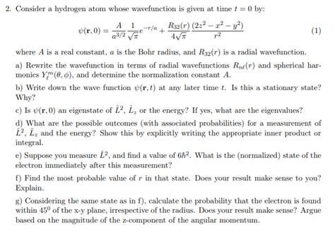 solved consider a hydrogen atom whose wavefunction is