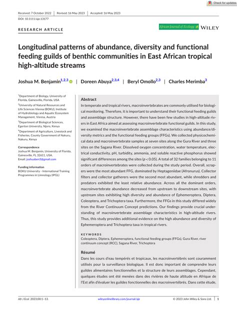 Pdf Longitudinal Patterns Of Abundance Diversity And Functional Feeding Guilds Of Benthic