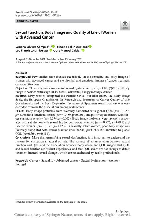 Sexual Function Body Image And Quality Of Life Of Women With Advanced