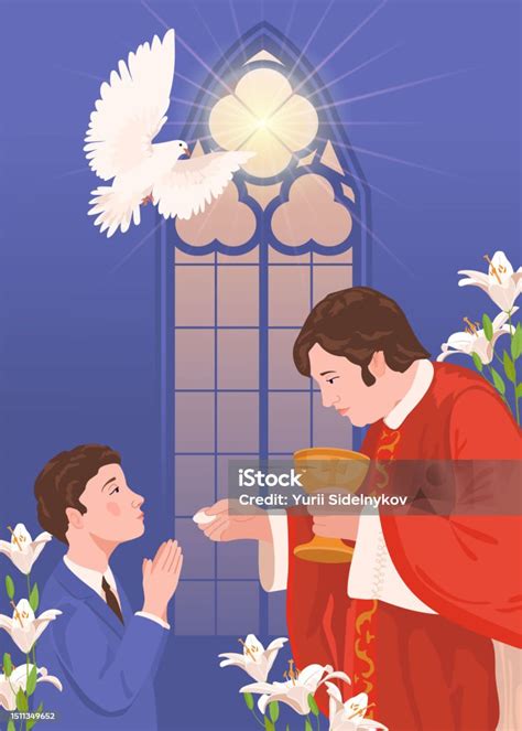 첫 영성체 중 양복을 입은 소년 벡터 사제는 하얀 빛나는 비둘기의 형태로 성령의 현현인 빵을 들고 있습니다 성찬례를 받는 교회 회원 견진 성사에 대한 스톡 벡터 아트 및